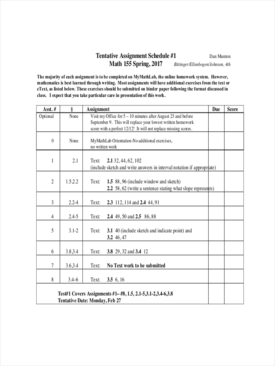 Assignment Schedule - 8+ Examples, Format, Pdf | Examples