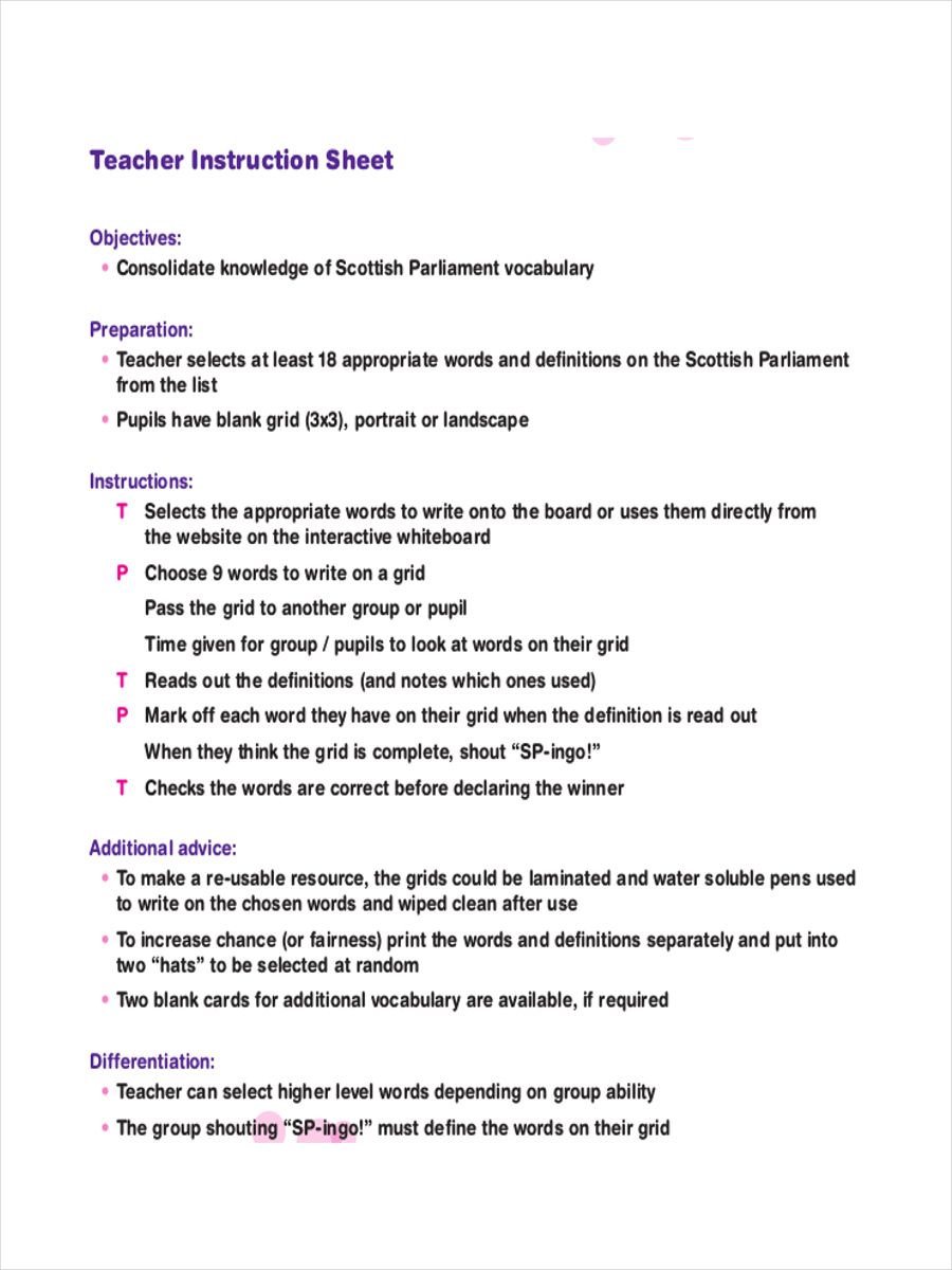 Instruction Sheet 7 Examples Format Pdf Examples
