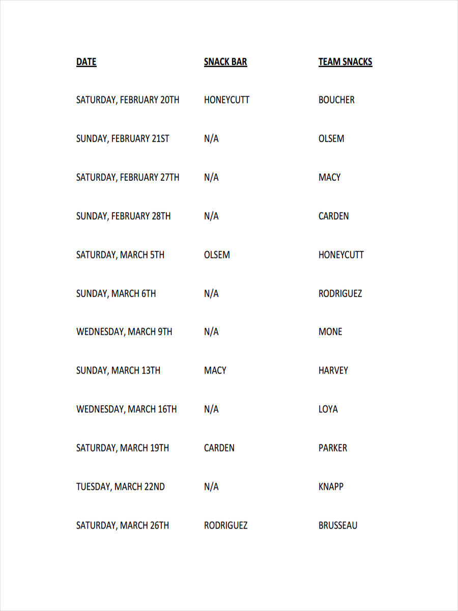 Snack Schedule - 8+ Examples, Format, Pdf | Examples