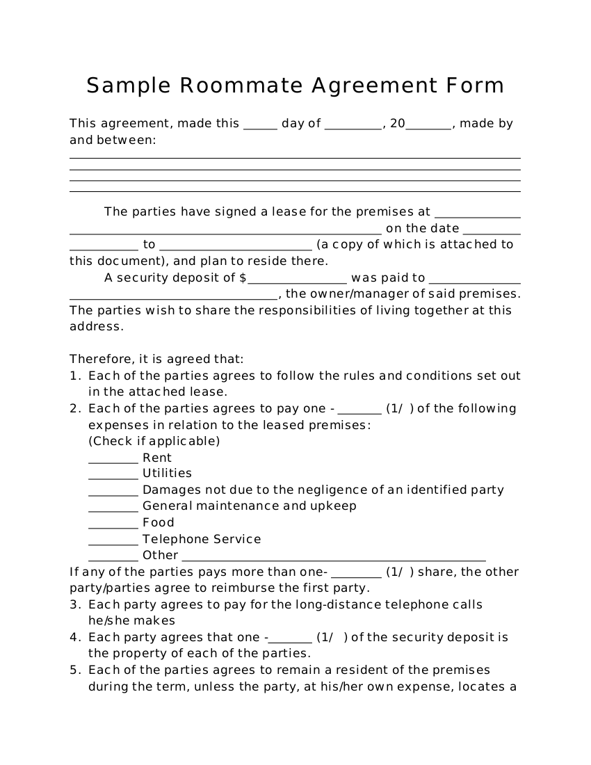 Sample Roommate Agreement The Document Template