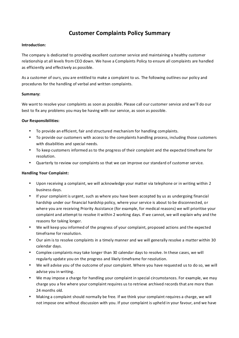 Customer Complaints Procedure