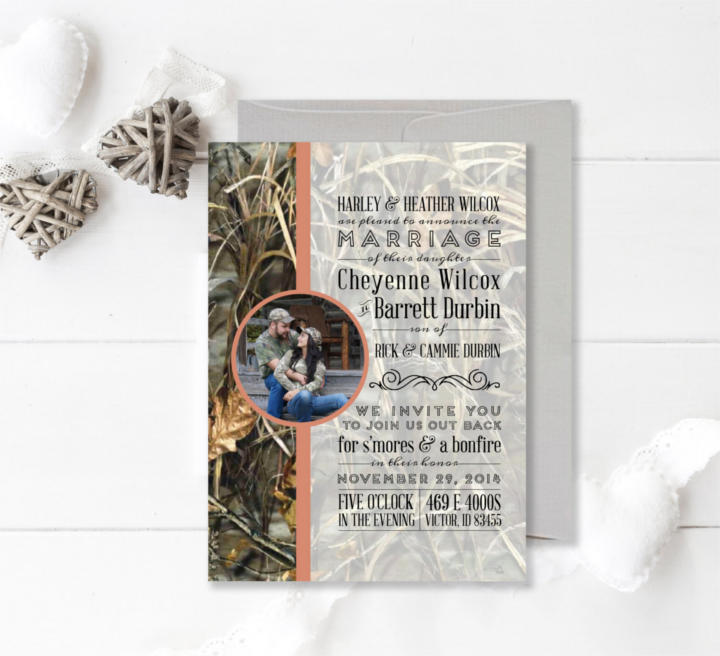 camo and coral wedding invite