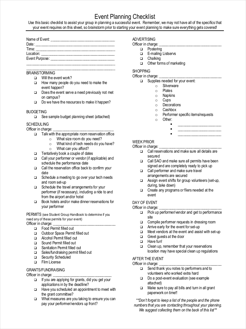 Sample Example Format Templates 15 Workshop Planning Checklist 