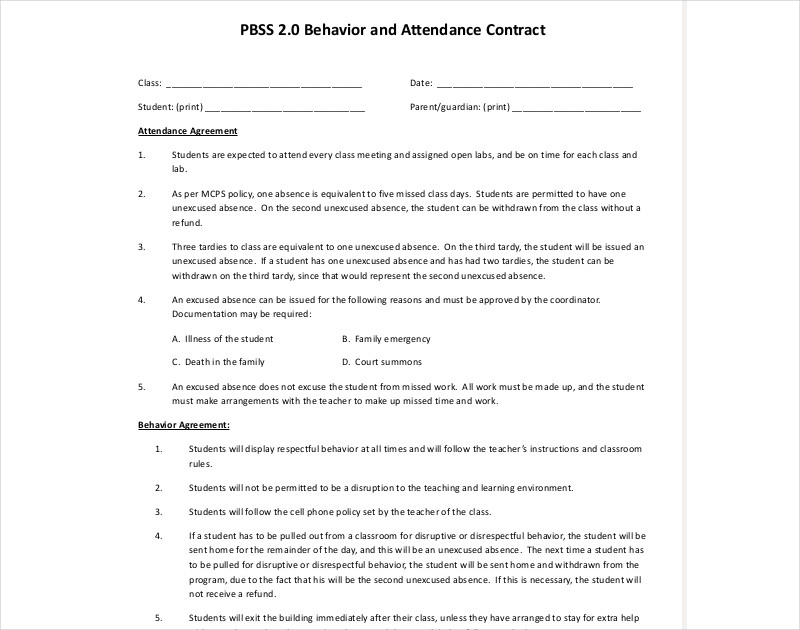 Attendance Contract - 9+ Examples, Format, Pdf | Examples