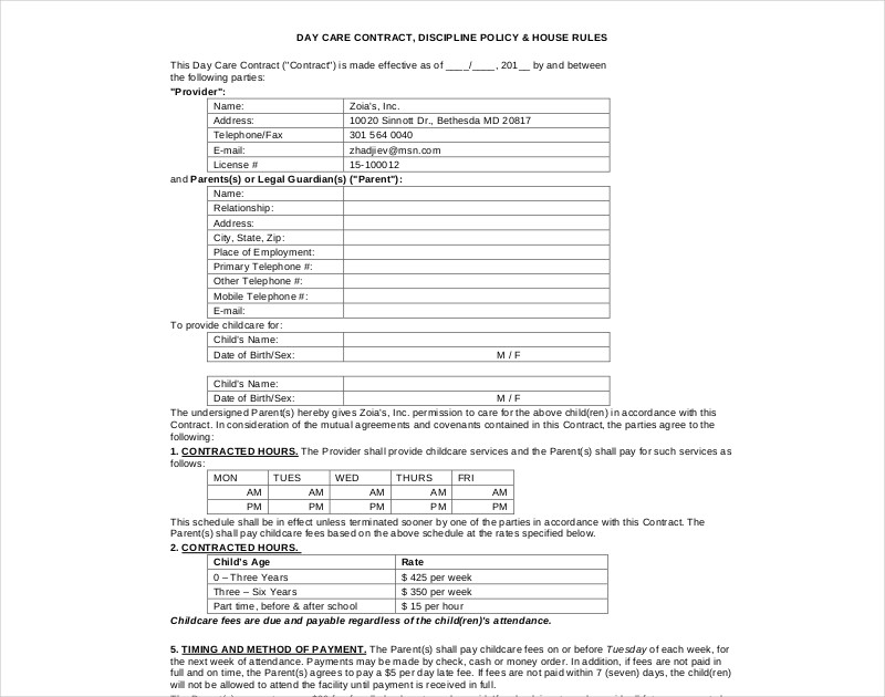 Day Care Contract 13 Examples Format Pdf Examples