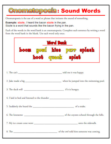 Onomatopoeia in Sentences - 14+ Examples, How to write, PDF