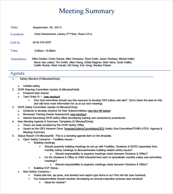 Meeting Summary Examples PDF Examples
