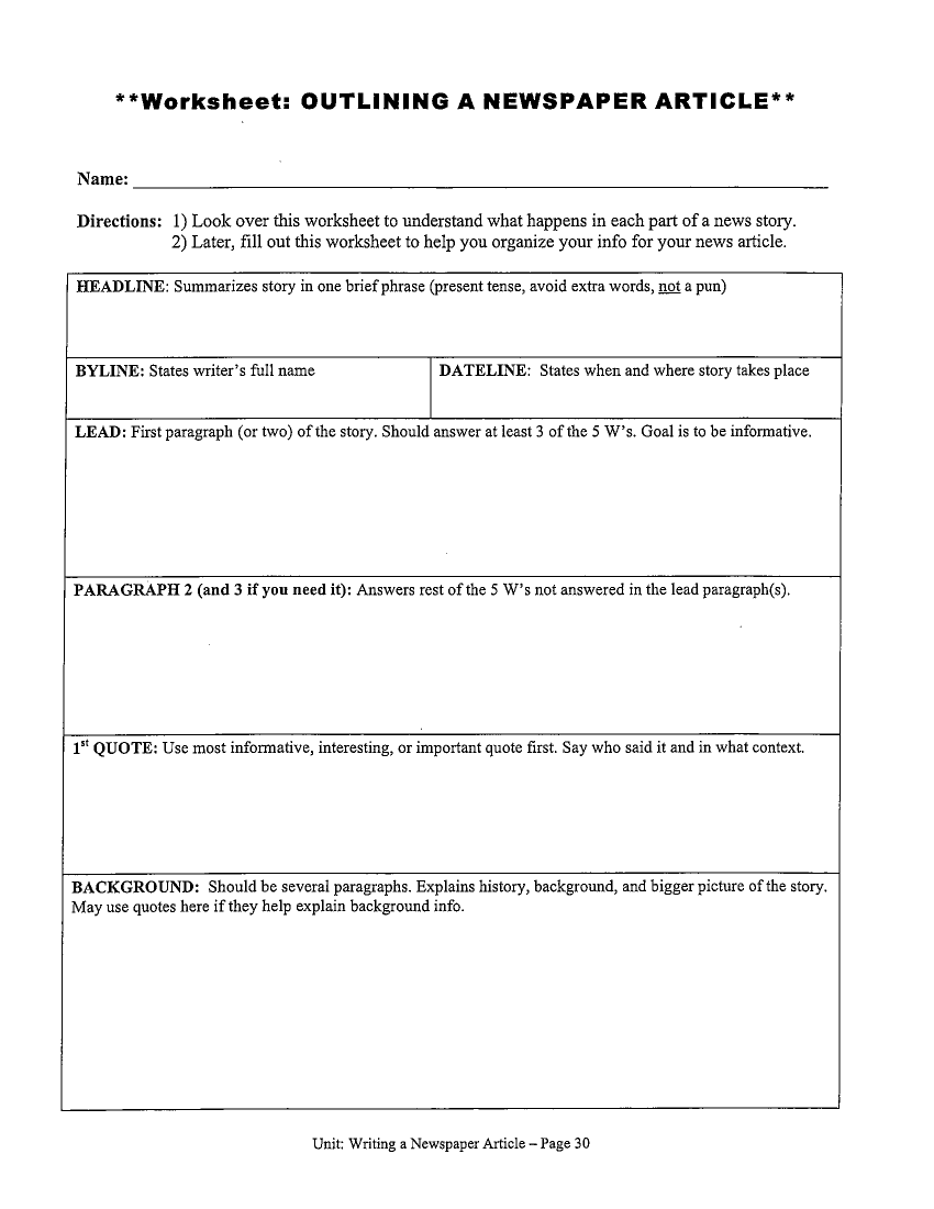 Newspaper Worksheet - 10+ Examples, Format, Pdf | Examples