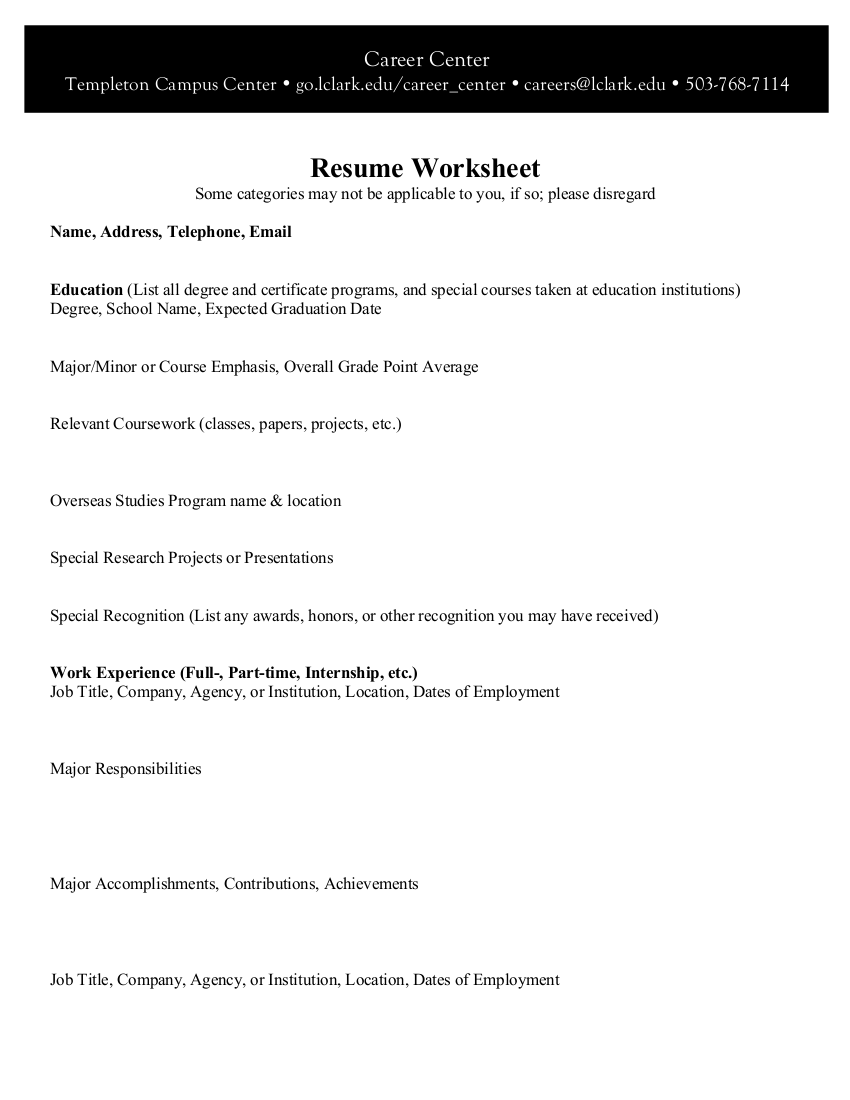 Resume Worksheet - 10+ Examples, Format, Pdf
