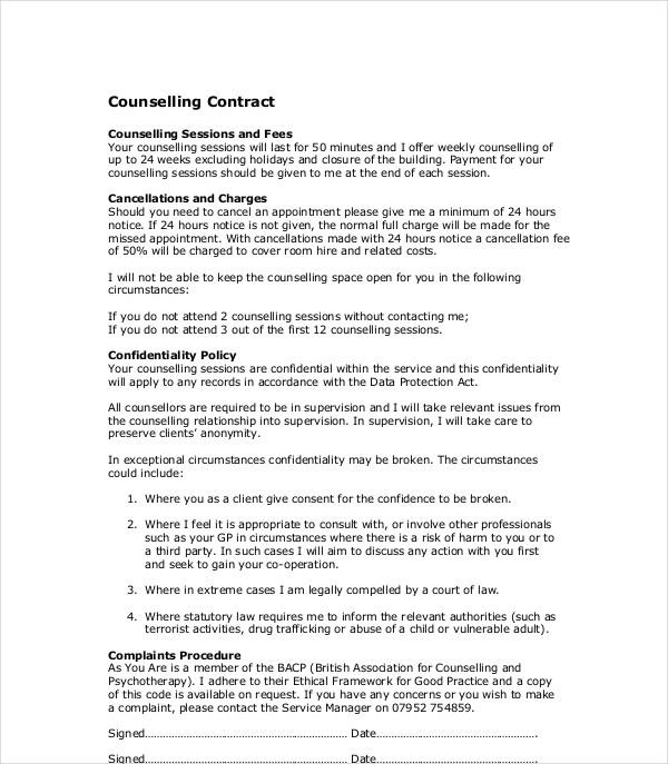 Counselling Contract Examples Format Pdf Examples