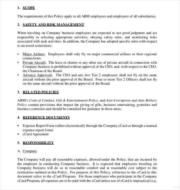 Travel Expense Policy Examples 7 PDF Word Examples