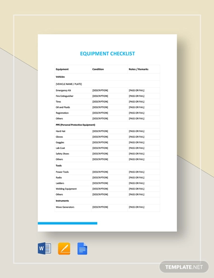 Equipment Checklist - 12+ Examples, Format, Pdf | Examples