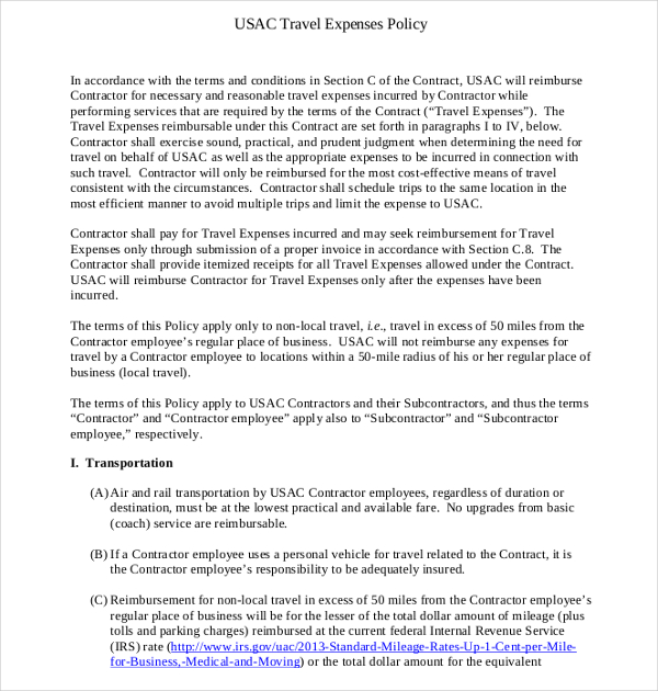 Travel Expense Policy - 7+ Examples, Format, Pdf