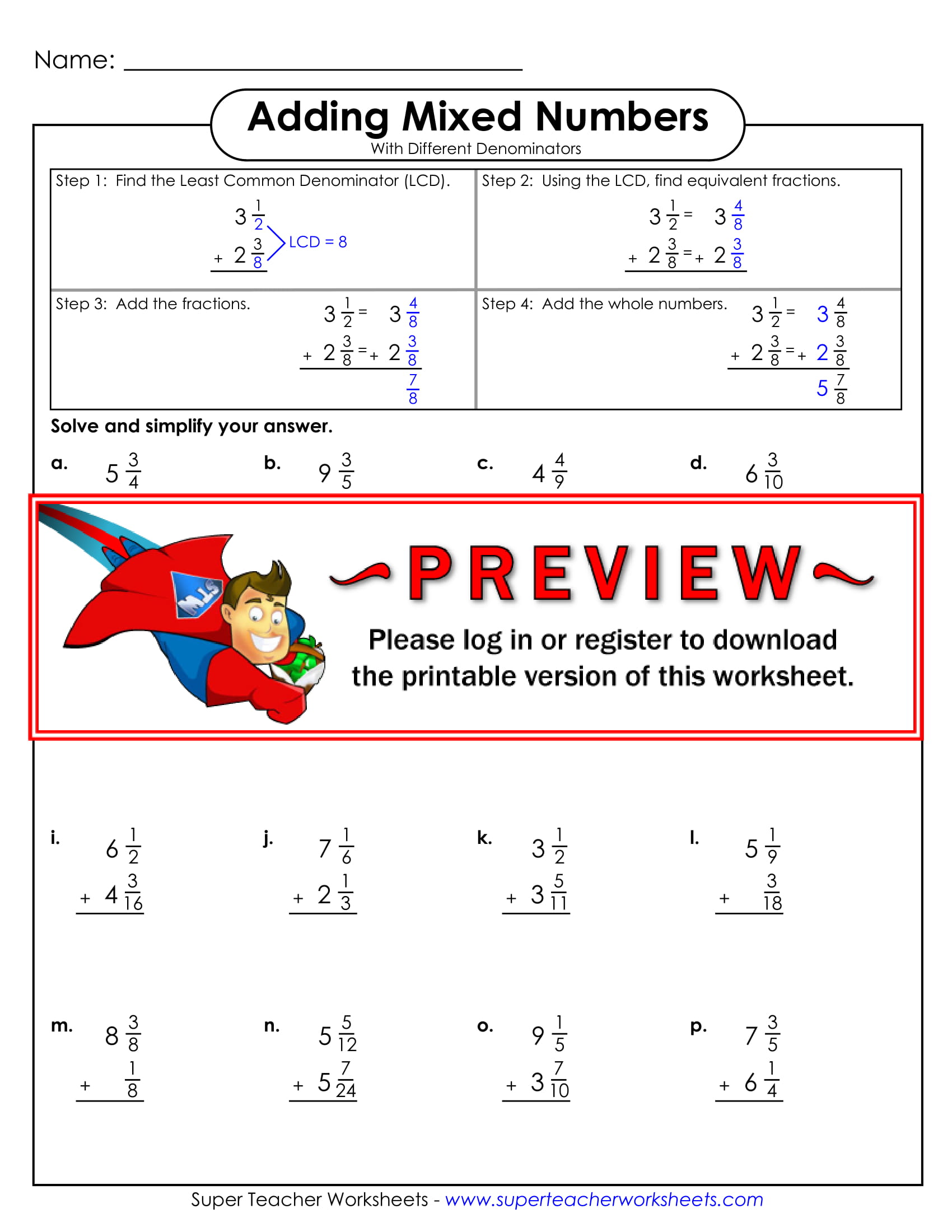 Add Mixed Numbers Worksheet