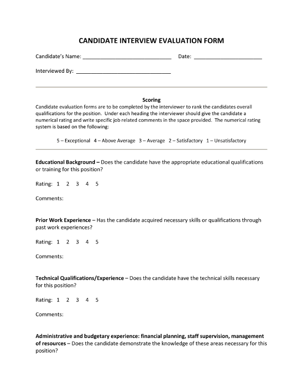 Examples of Candidate Evaluation Forms - Format, Sample | Examples