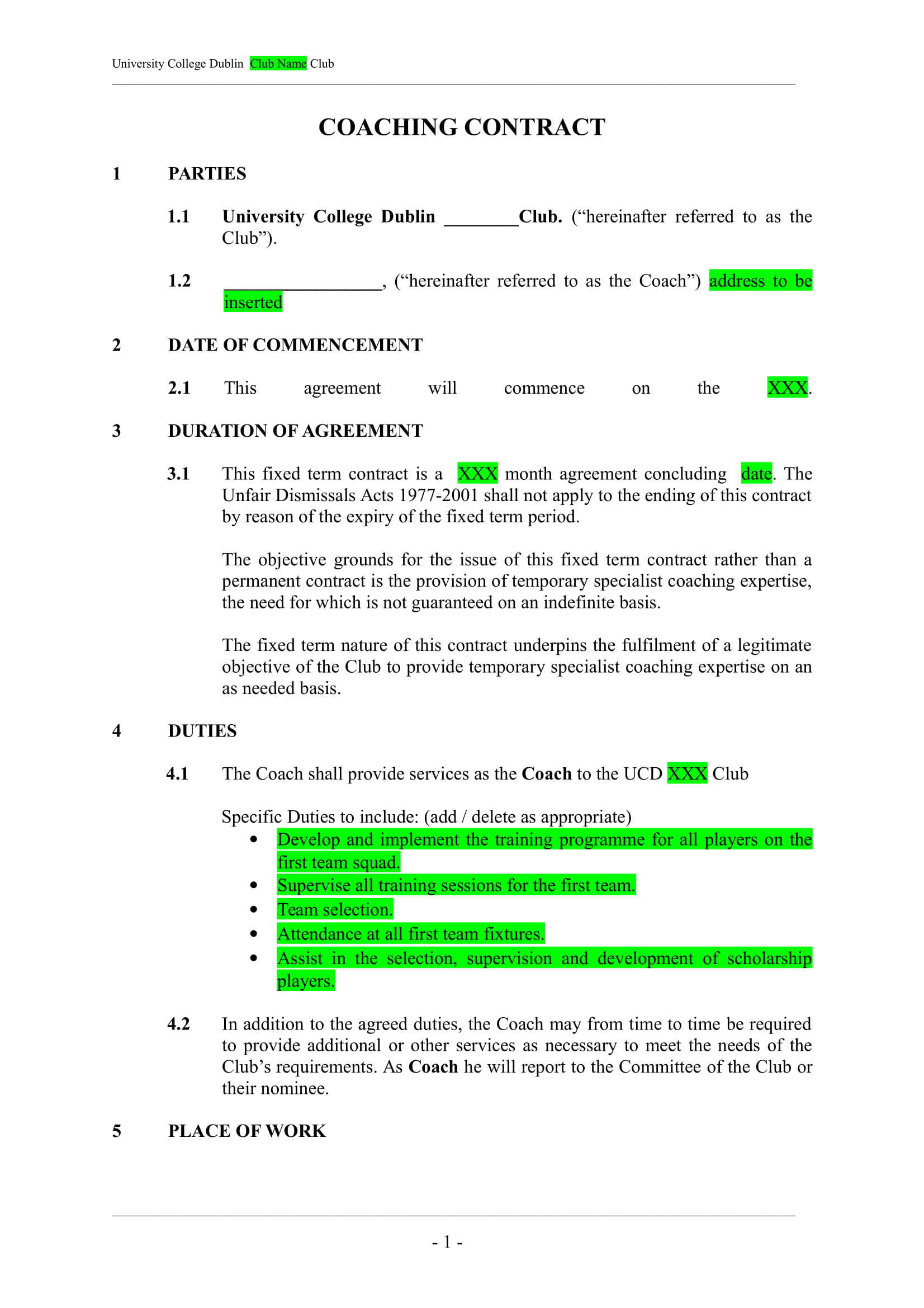13 Sports Coach Contract Example Templates Docs Word Examples
