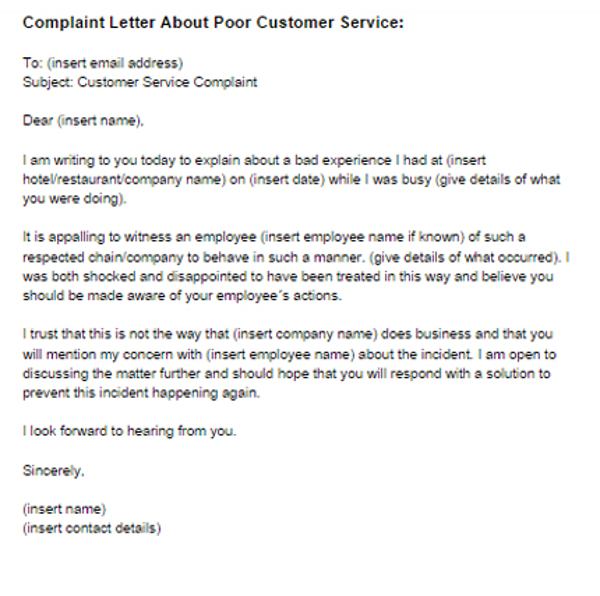 Poor Customer Service Complaint Letter Template QUIKNOCRAN1981 SITE
