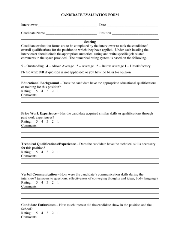Examples of Candidate Evaluation Forms - Format, Sample | Examples