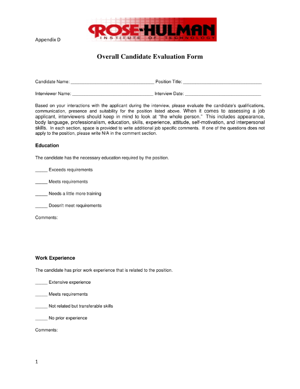 Examples of Candidate Evaluation Forms - Format, Sample | Examples