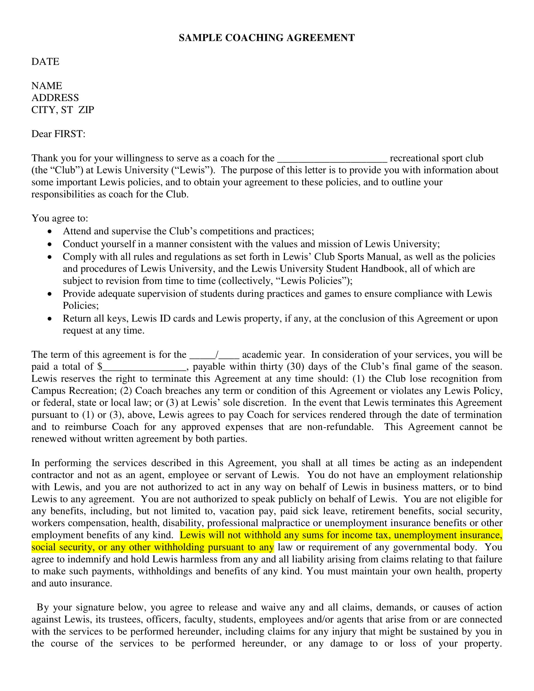 Sports Coach Contract - 13+ Examples, Format, Pdf | Examples