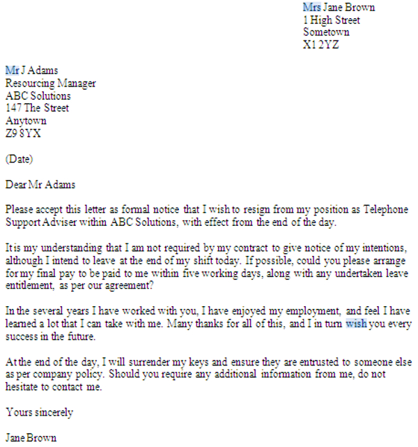 No Notice Resignation Letter Examples Format Sample Examples