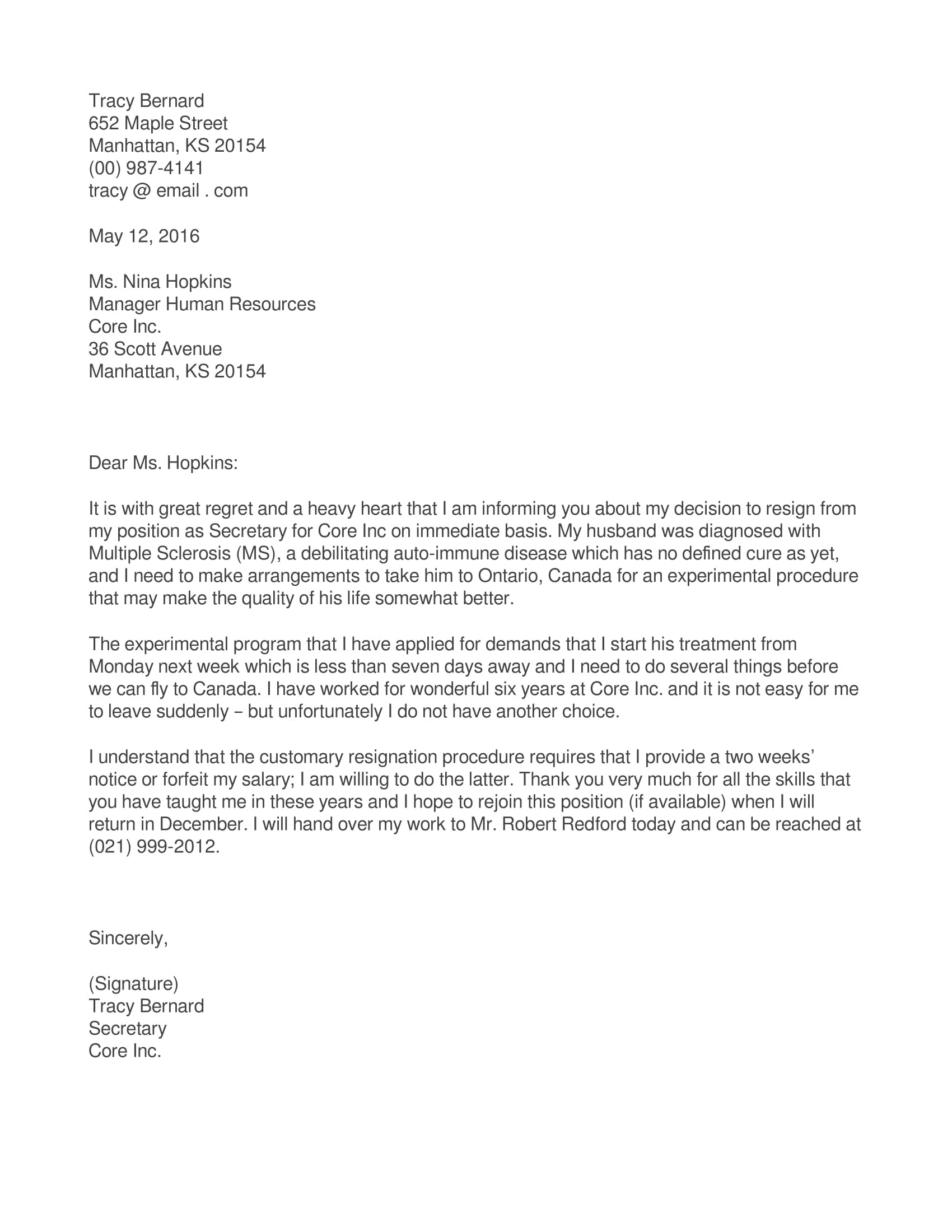 Resignation Letter With Immediate Effect No Notice Template