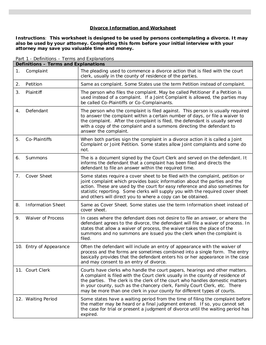 Divorce Worksheet - 7+ Examples, Format, Pdf