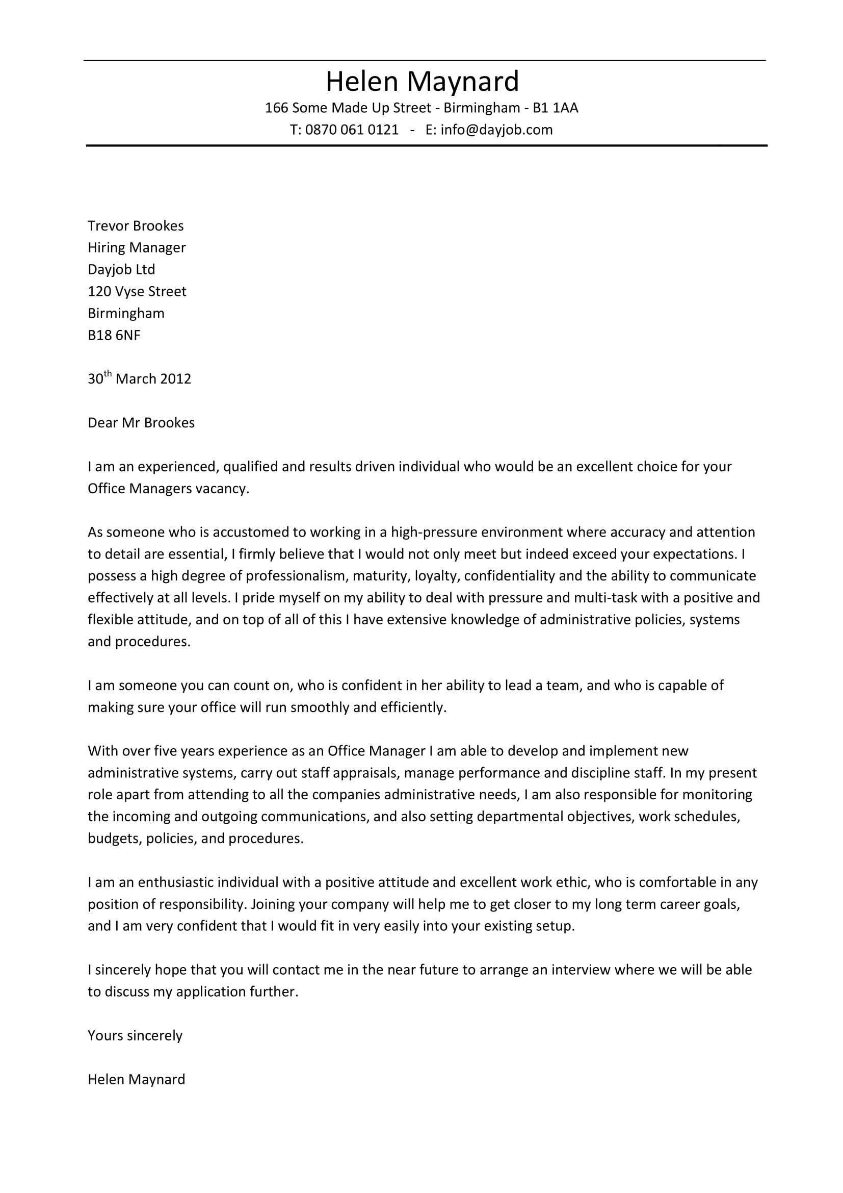 Office Manager Cover Letter Example