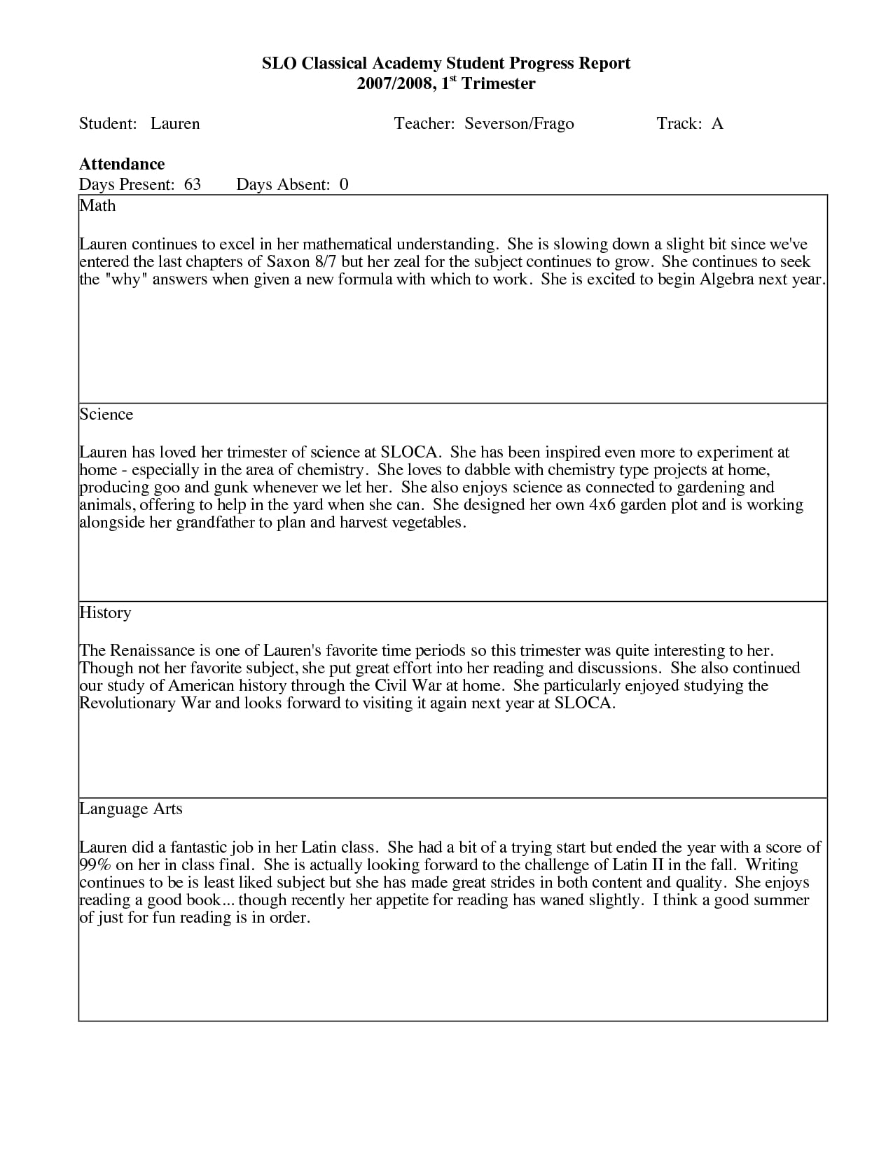 Free Printable Homeschool Progress Reports High Resolution College