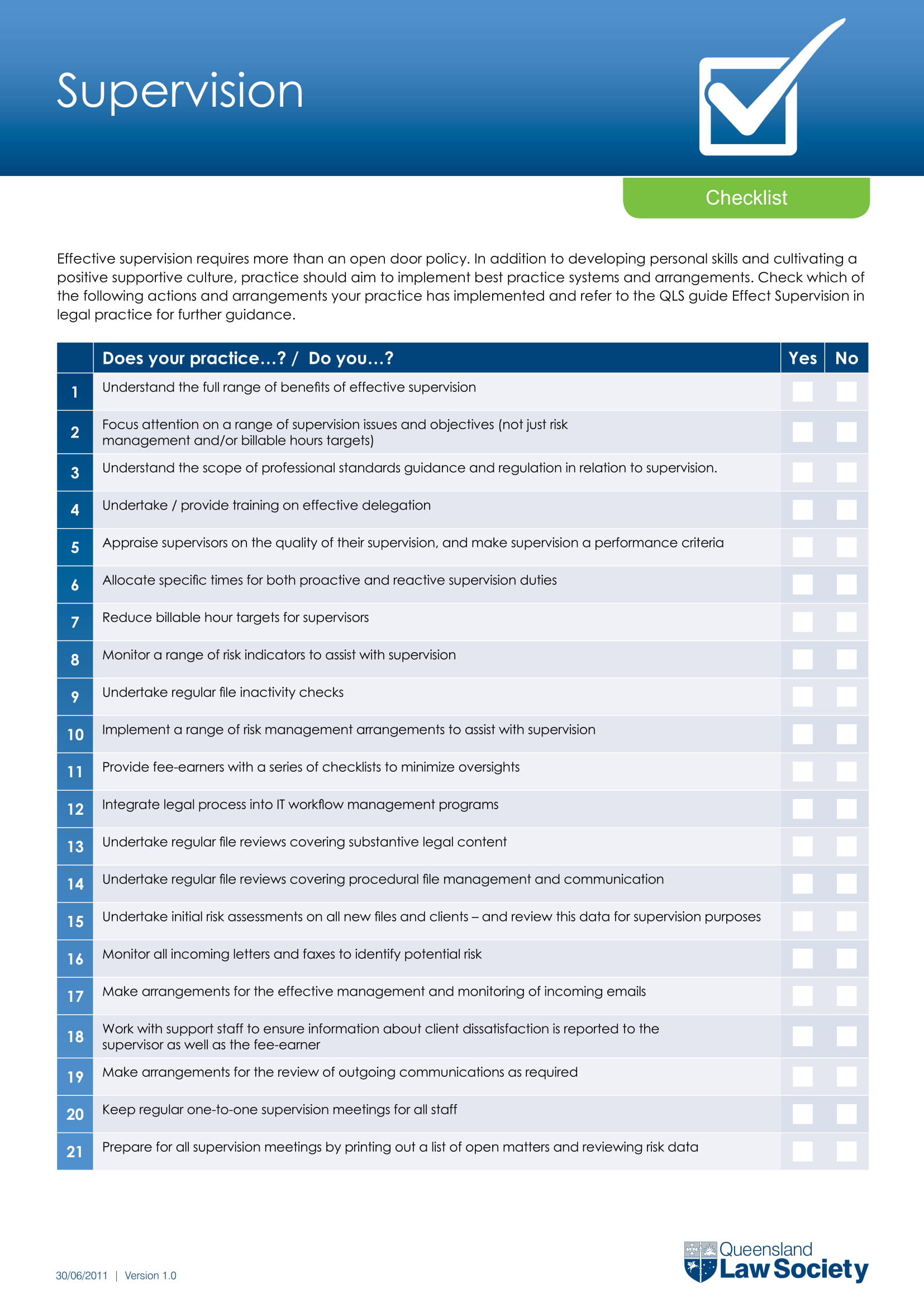 Supervision Checklist Examples