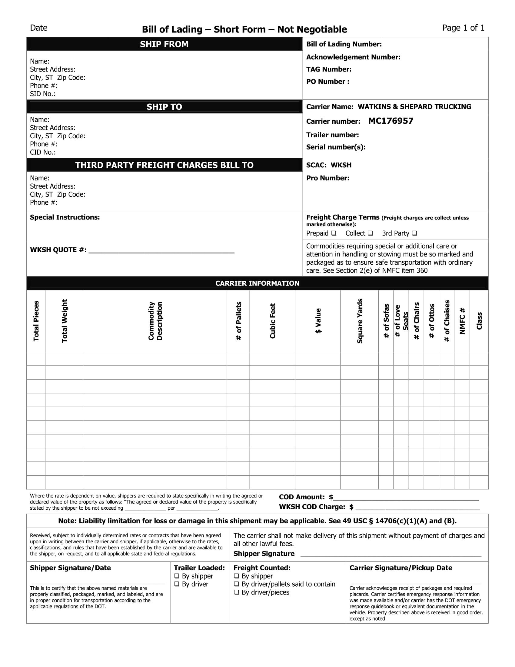 Bill Of Lading Form 19 Examples Format Pdf