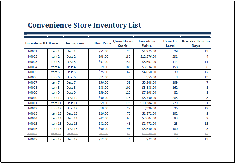 Warehouse Inventory List Document Templates