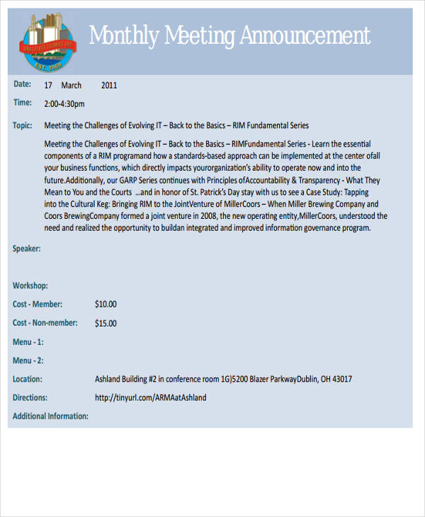 Meeting Announcement 10 Examples Format Pdf Examples