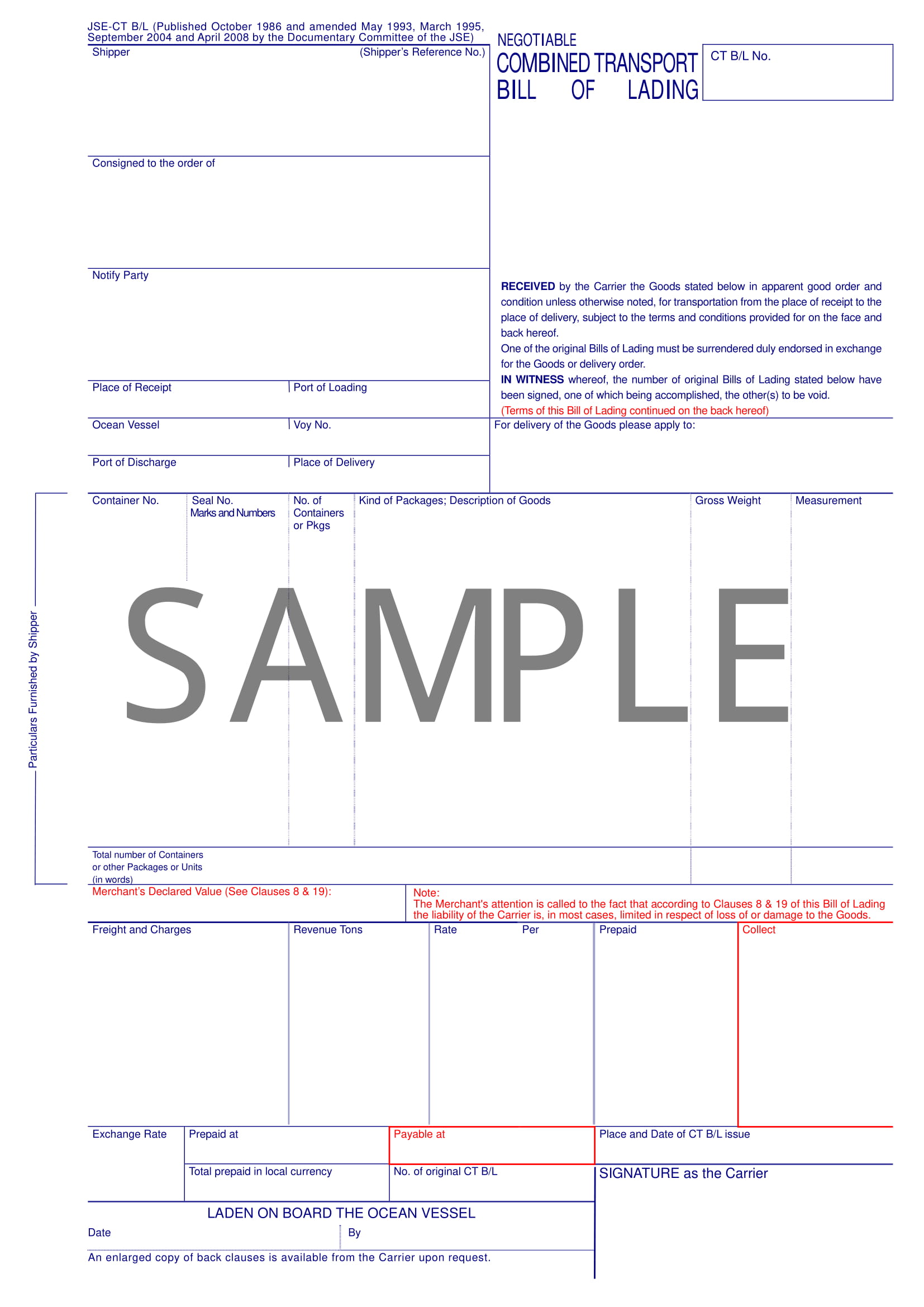 Sample Bill Of Lading Form Images And Photos Finder