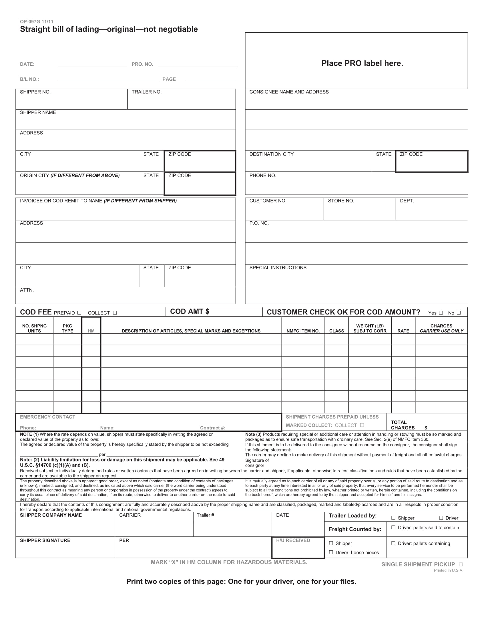 Blank Bill Of Lading Pdf