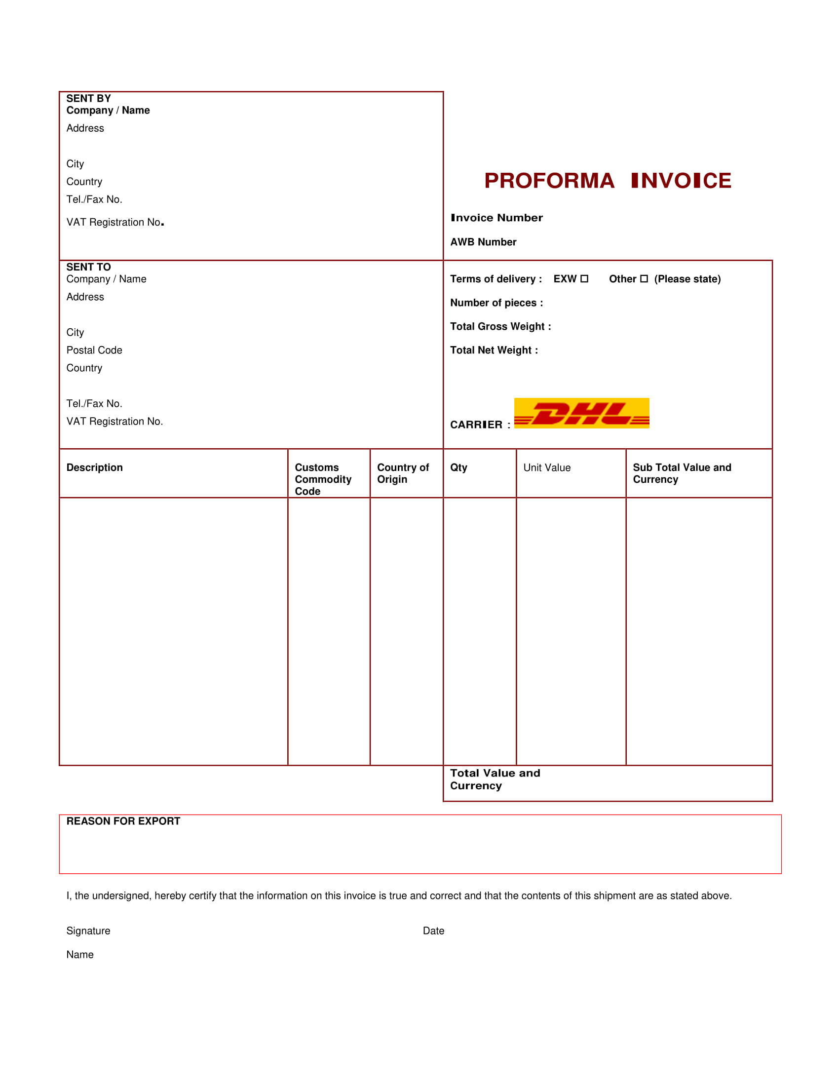 Pdf Proforma Invoice Form Word Free Printable Download Docx Zip 