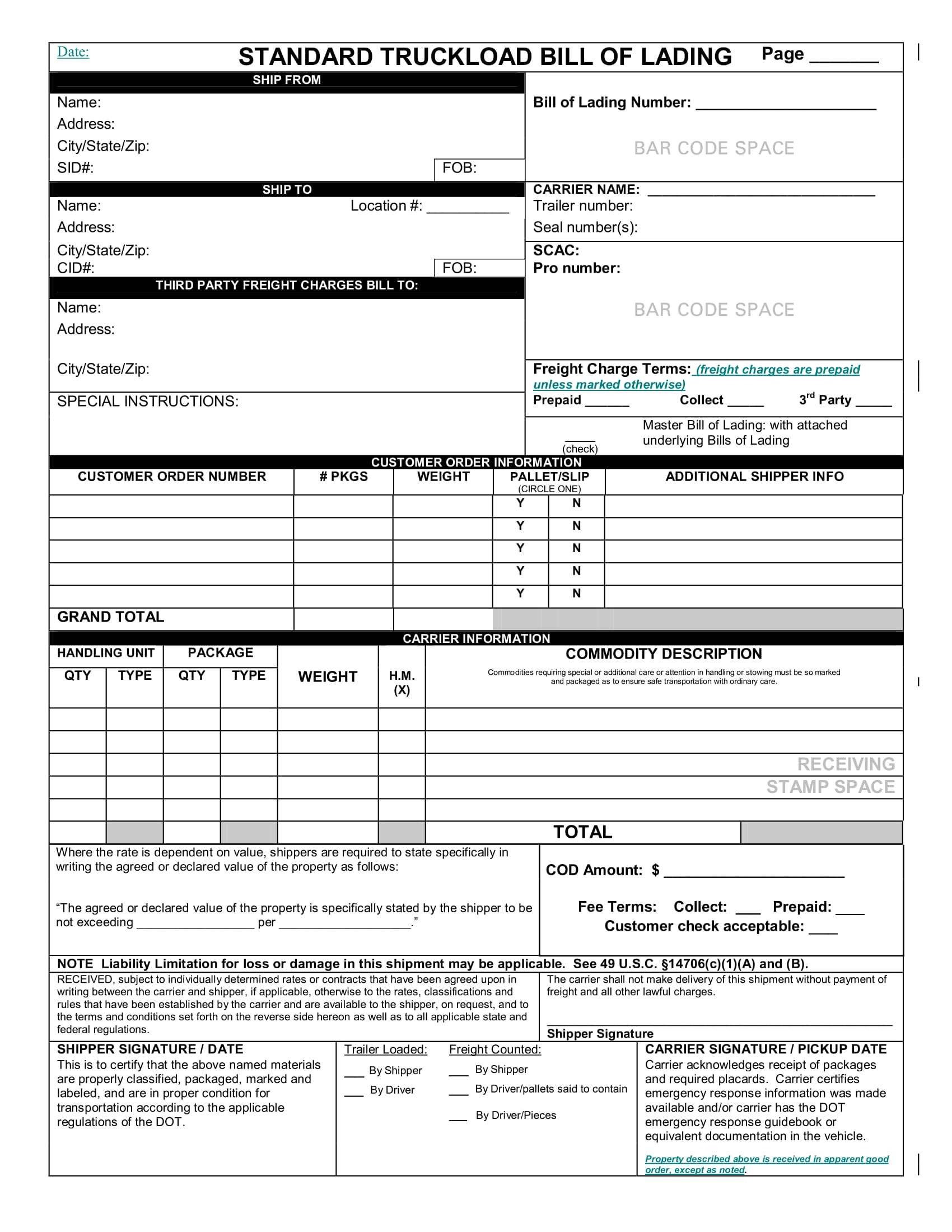Truck Bill Of Lading Template