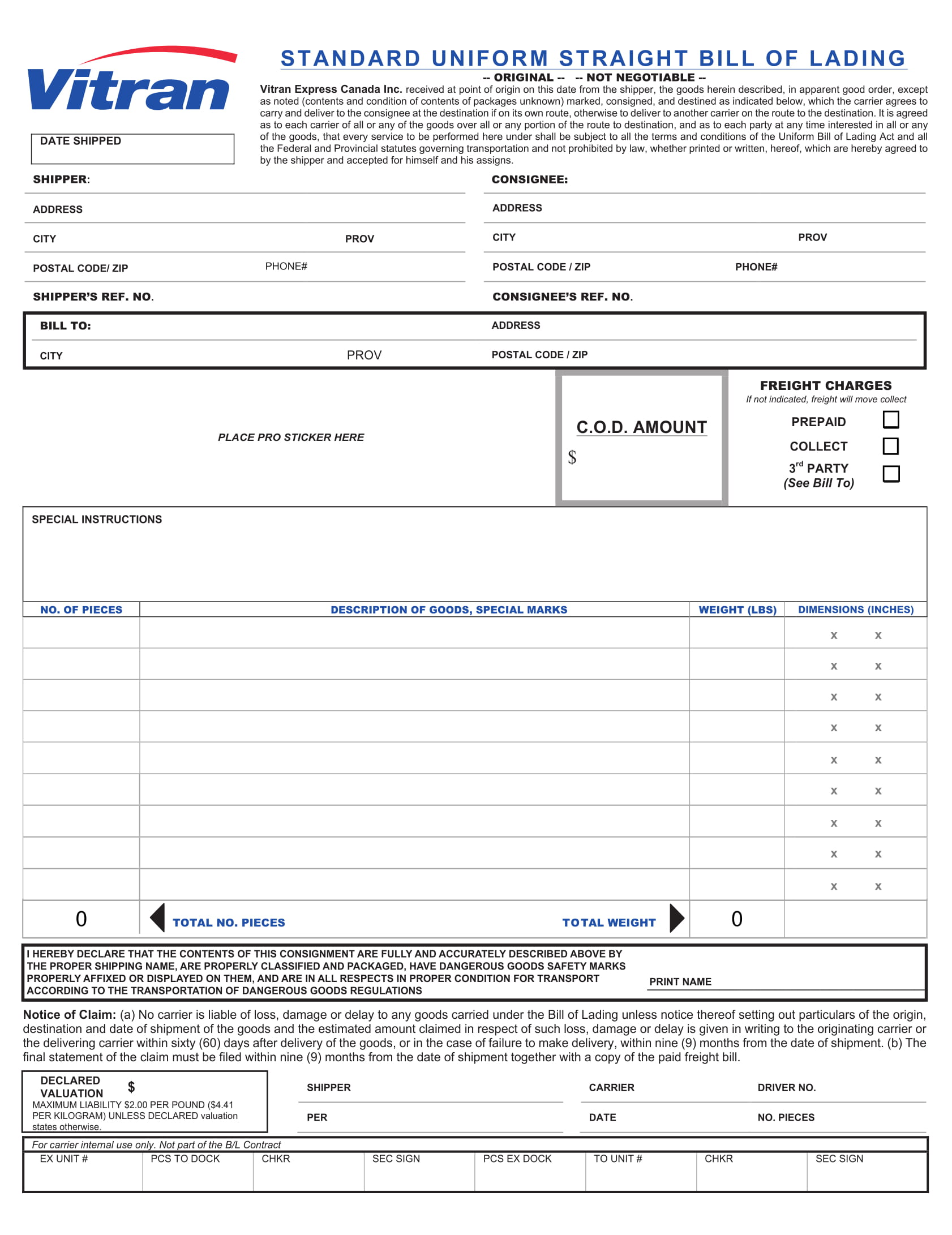 9 Generic Bill Of Lading Examples To Download