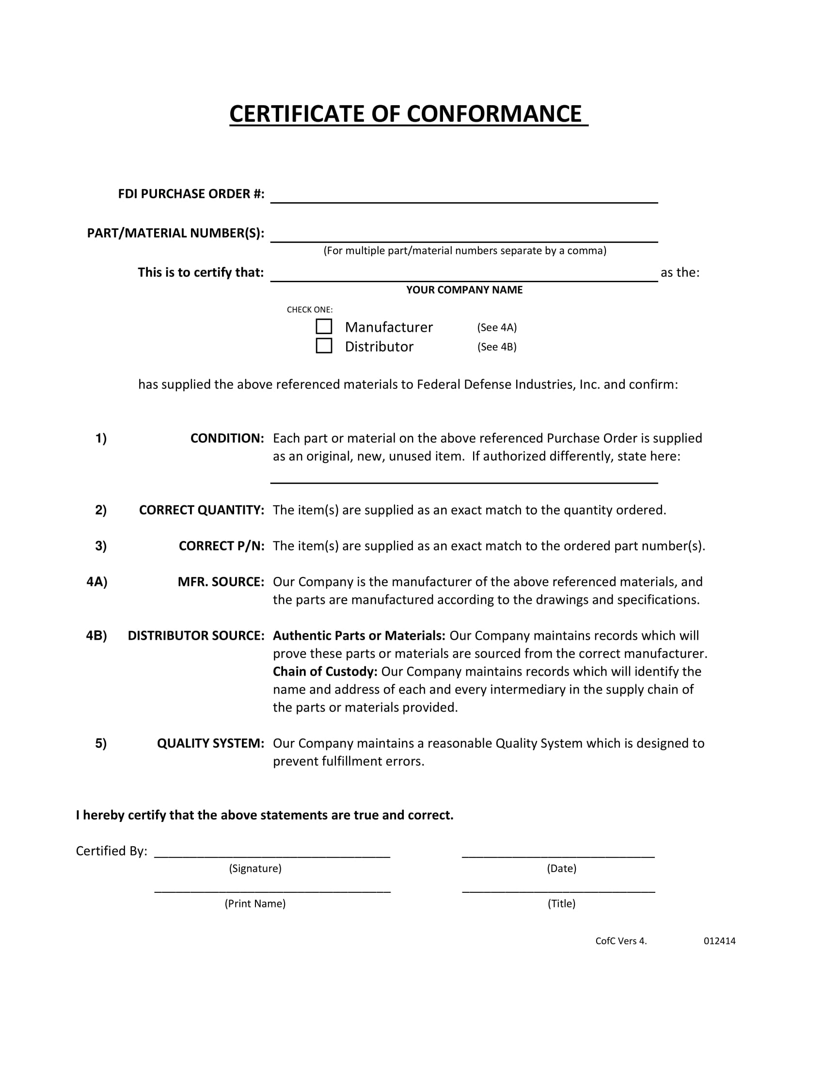 Certificate Of Conformance Template
