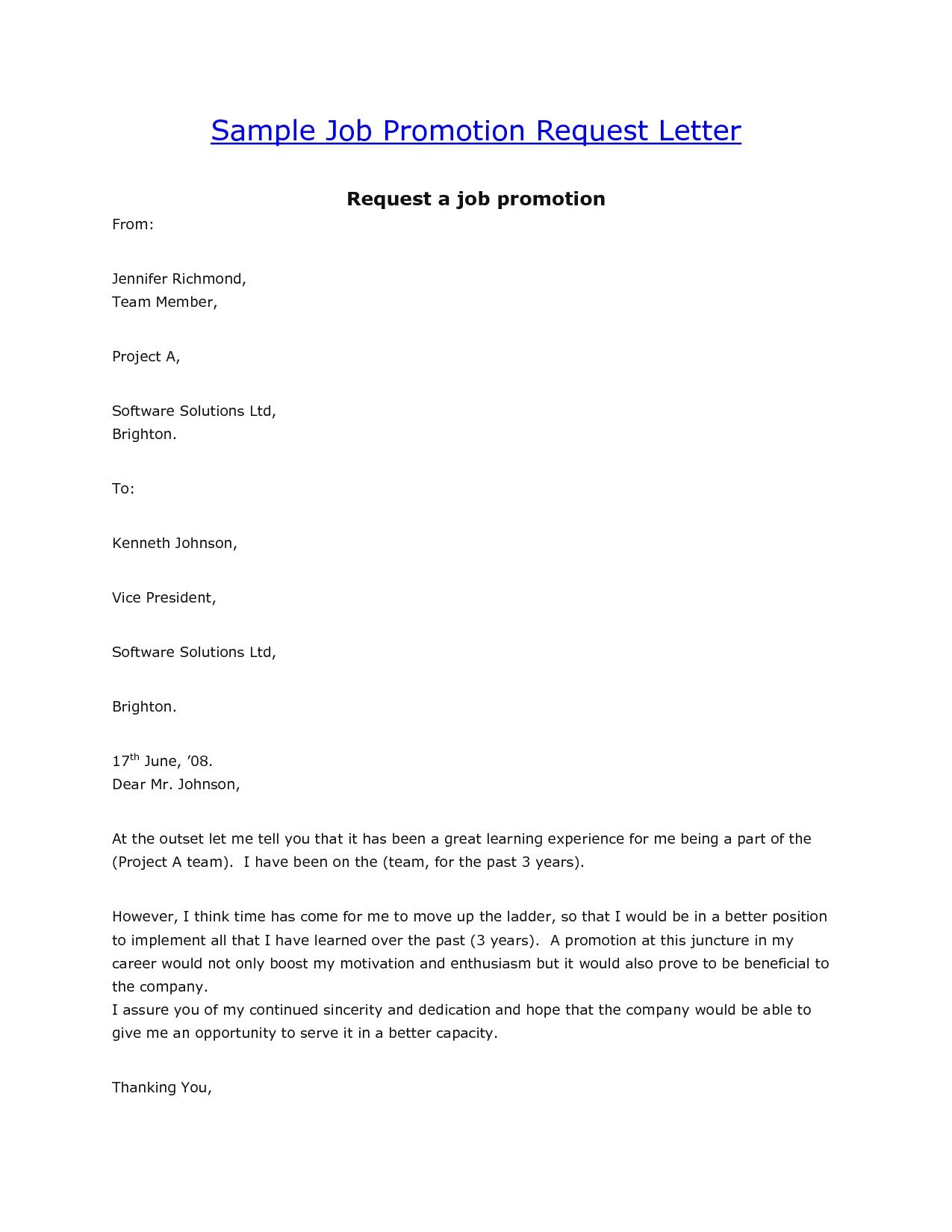 Sample Recommendation Letter For Job Promotion