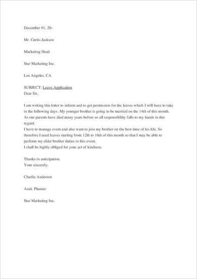 Official Letter For Leave 9 Examples Format Sample Examples