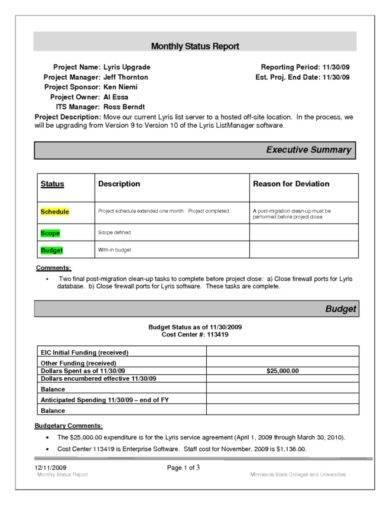 Monthly Project Status Report Template PDF Template