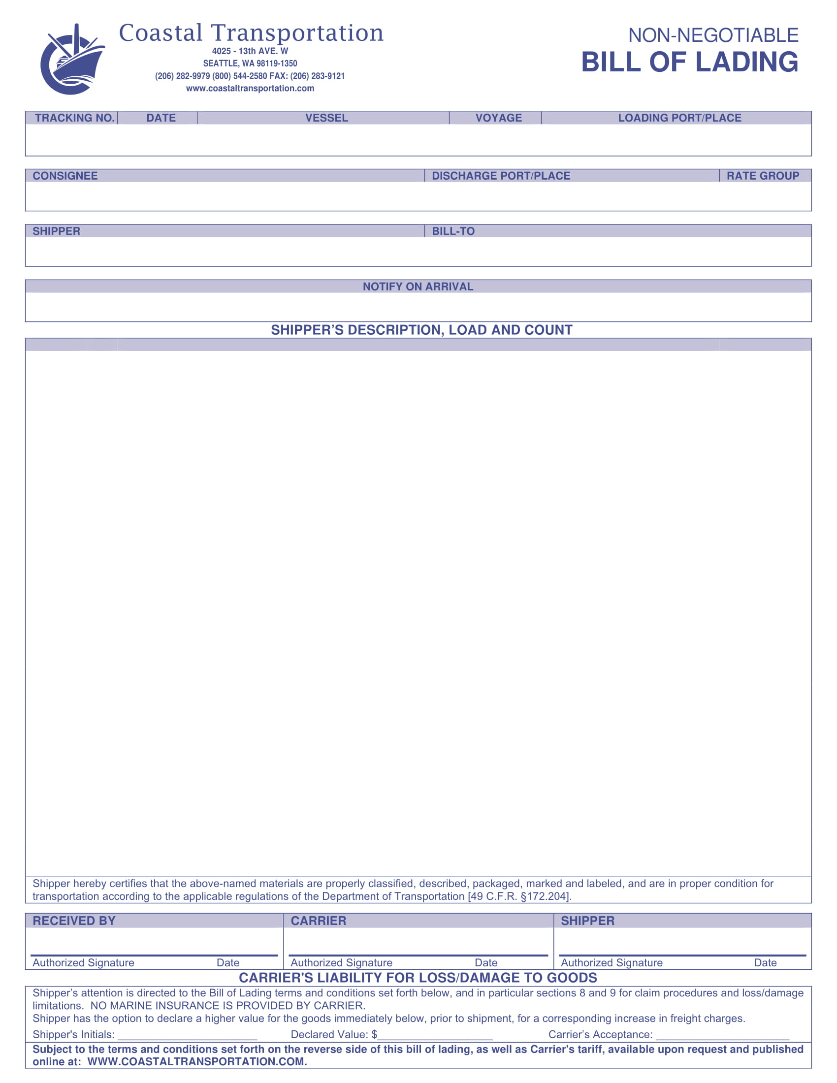 Transport Bill Of Lading 10 Examples Format Pdf Examples