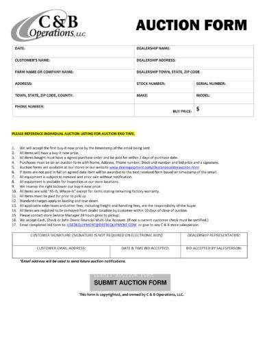 Auction Bid Form - 11+ Examples, Format, Pdf