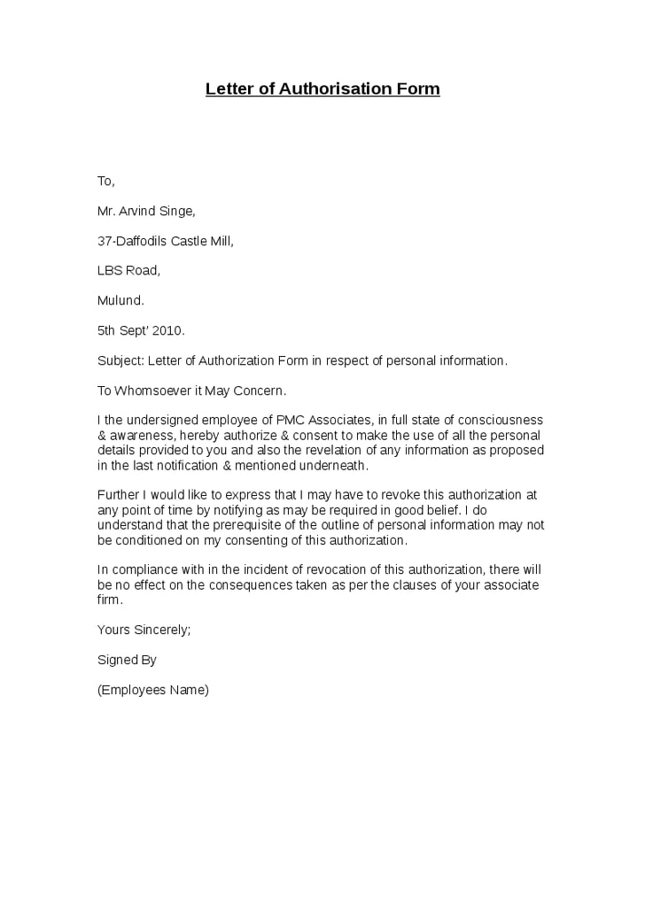 Employee Authorization Letter Employee Authorization Letter