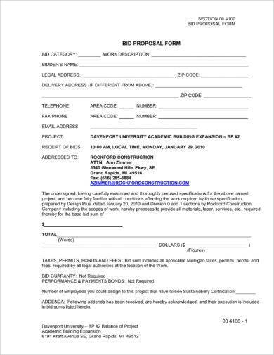 Construction Bid Form 11 Examples Format Pdf Examples