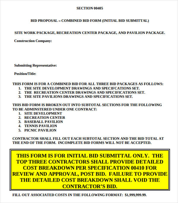 Contractor Bid Form - 7+ Examples, Format, Pdf | Examples