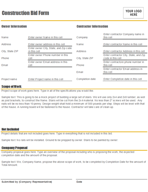 Contractor Bid Form 7 Examples Format Pdf Examples