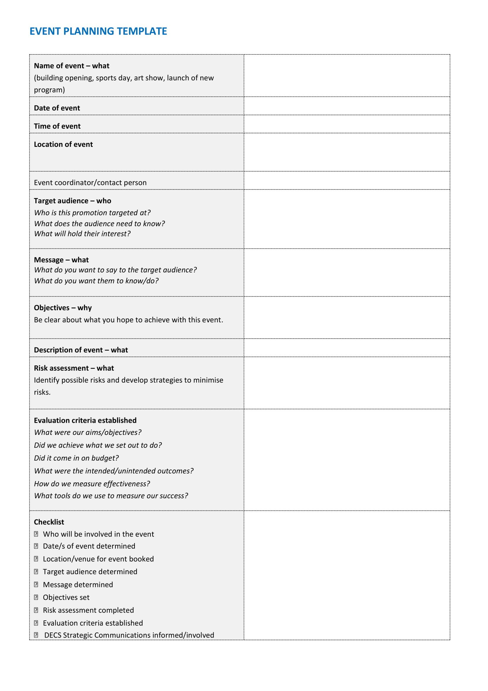 Event Planning Document Template Master Template