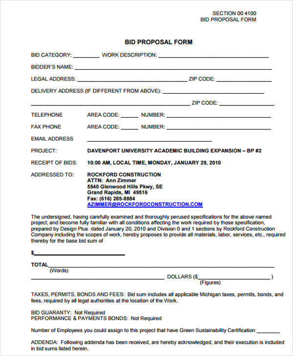 Contractor Bid Form 7 Examples Format Pdf Examples